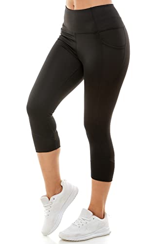 EttelLut - Women's Mesh Capri Leggings Pants with Side Pockets for Storage - Black Medium