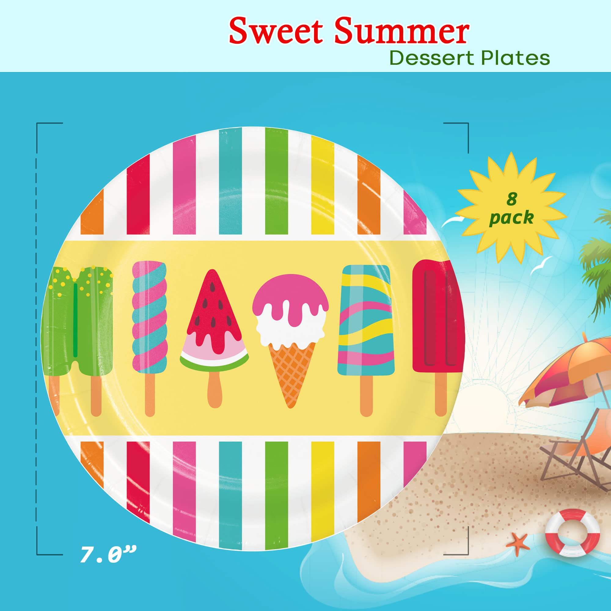Creative Converting Sweet Summer Dinnerware Party Bundle for 8 - Dinner & Dessert Plates, 16 Beverage & Luncheon Napkins - Summer Birthday Pool Parties Bulk Paper Supplies Set Disposable