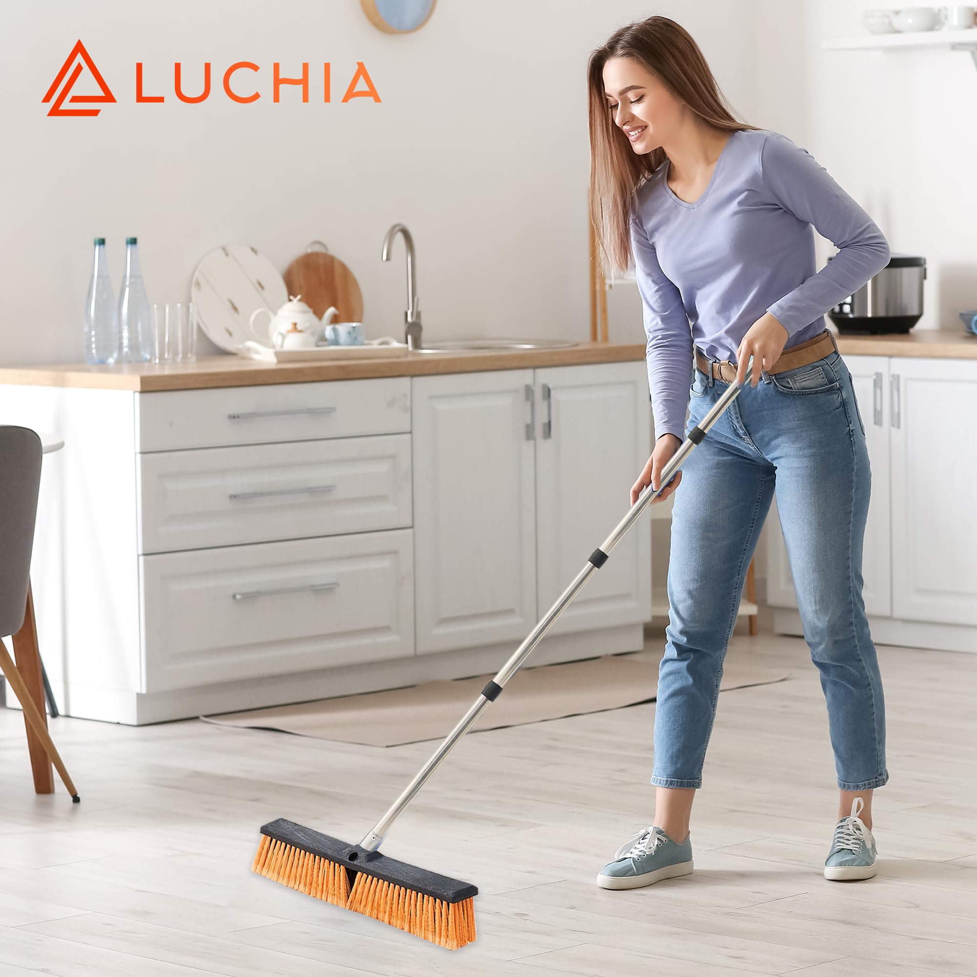 LUCHIA 18” Heavy Duty Push Broom with 65” Adjustable Stainless Steel Handle | Flagged Bristles for Indoor & Outdoor Broom for Floor Cleaning with Brooms, Gloves & Cloth | Orange