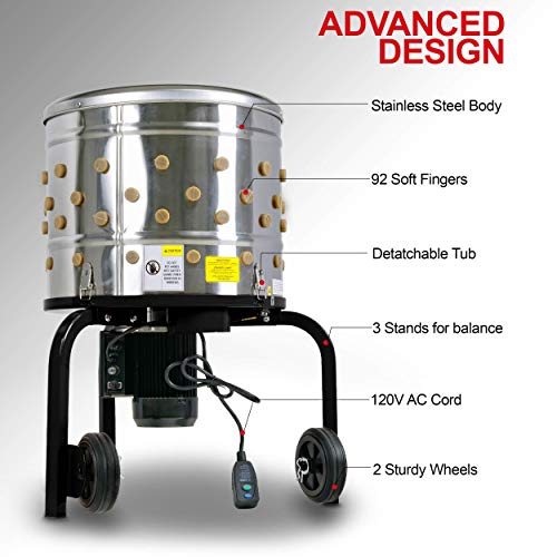 Kitchener Chicken Plucker De-Feather Remover Poultry and Fowl Food Processor Electric Stainless Steel Heavy Duty 1HP 120VAC 280RPM GFCI Connector 92 Soft Fingers 20" Drum Diameter