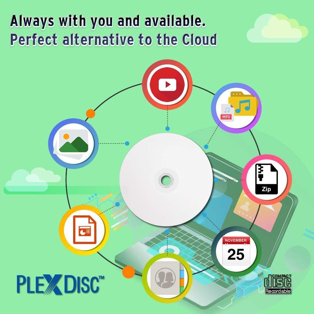 PlexDisc CD-R 700MB 52X White Inkjet Hub Printable Recordable Blank Discs - 100 Pack Cake Box (FFP), Blank CDs for Burning Music, Writable CD Discs, CD-R Blank Discs for Music, Photos, Data