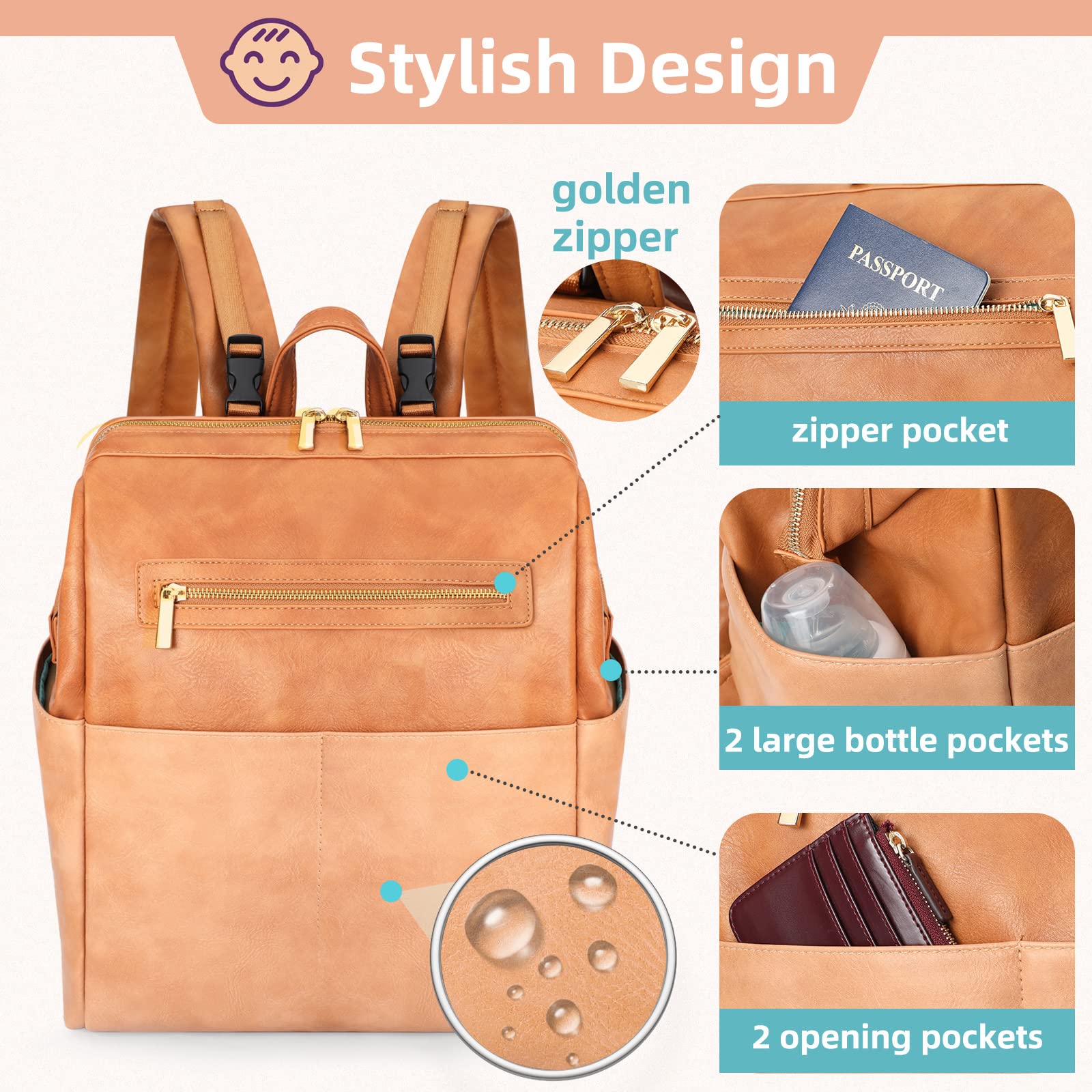 MOMINSIDE Diaper Bag Backpack, Baby Bag Leather with 16 Pockets, Large Baby Diaper bag for Mom, Fits 15 Inch Laptop, 4 Insulated Pockets, Changing Pad, Brown