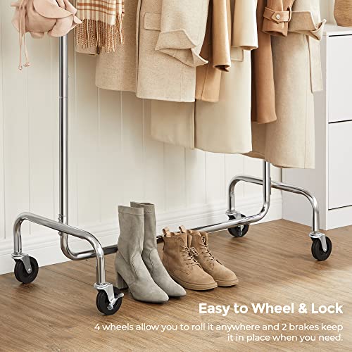 SONGMICS Clothes Rack and Garment Rack on Wheels Bundle, Heavy Duty Clothing Racks, Steel, Extendable Rail, Storage Shelf, Black and Chrome UHSR25BK and UHSR11S