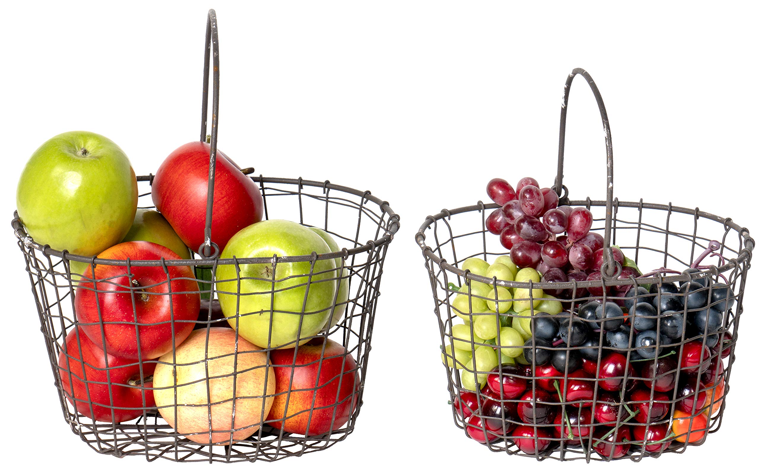 Red Co. All-Purpose Country Rustic Small Basket Display Bin, Gray Iron Metal Wire with Wooden Handle, Set of 2- Large- 10 Inches and Small- 8.75 Inches