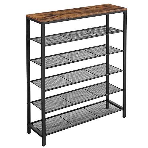 VASAGLE 6-Tier Shoe Rack, Shoe Organizer for Closet, Entryway, 24-30 Pairs of Shoes, Large Shoe Rack Organizer with 5 Metal Mesh Shelves, 11.8 x 39.4 x 43.3 Inches, Rustic Brown and Black ULBS016B01