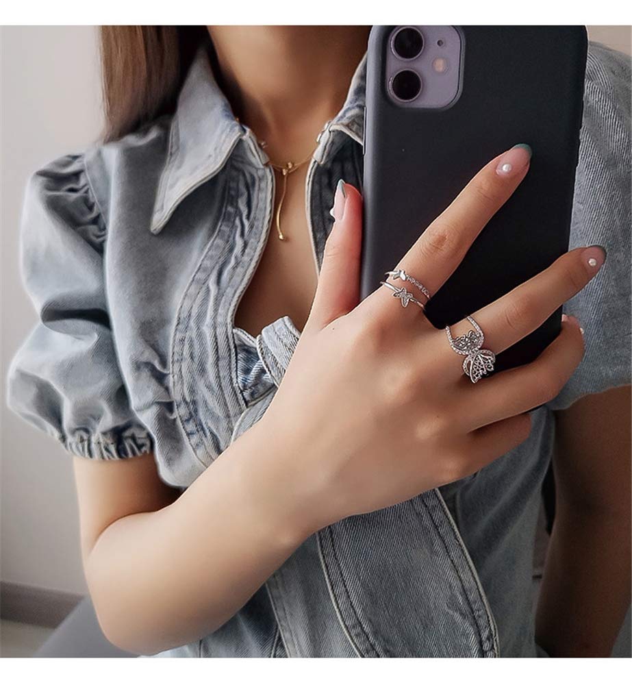 CZ Butterfly 925 Sterling Silver Ring for Women Crystal Promise Statement Stacking Expandable Open Rings Adjustable Hand Made Jewelry Dainty Birthday Anniversary Christmas Valentines Gifts