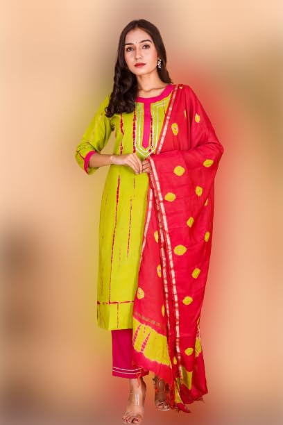 SHRI SHAYAM Women's Cotton Lining Straight Kurti With Pant And Dupatta Set (Lamon-Green-XXL)