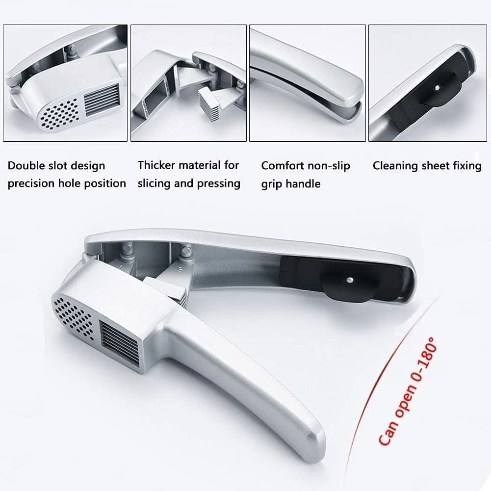 Garlic Press, 2 in 1 Garlic Mince and Garlic Slice with Garlic Cleaner Brush and Silicone Tube Peeler Set, Easy Squeeze, Rust Proof, Dishwasher Safe