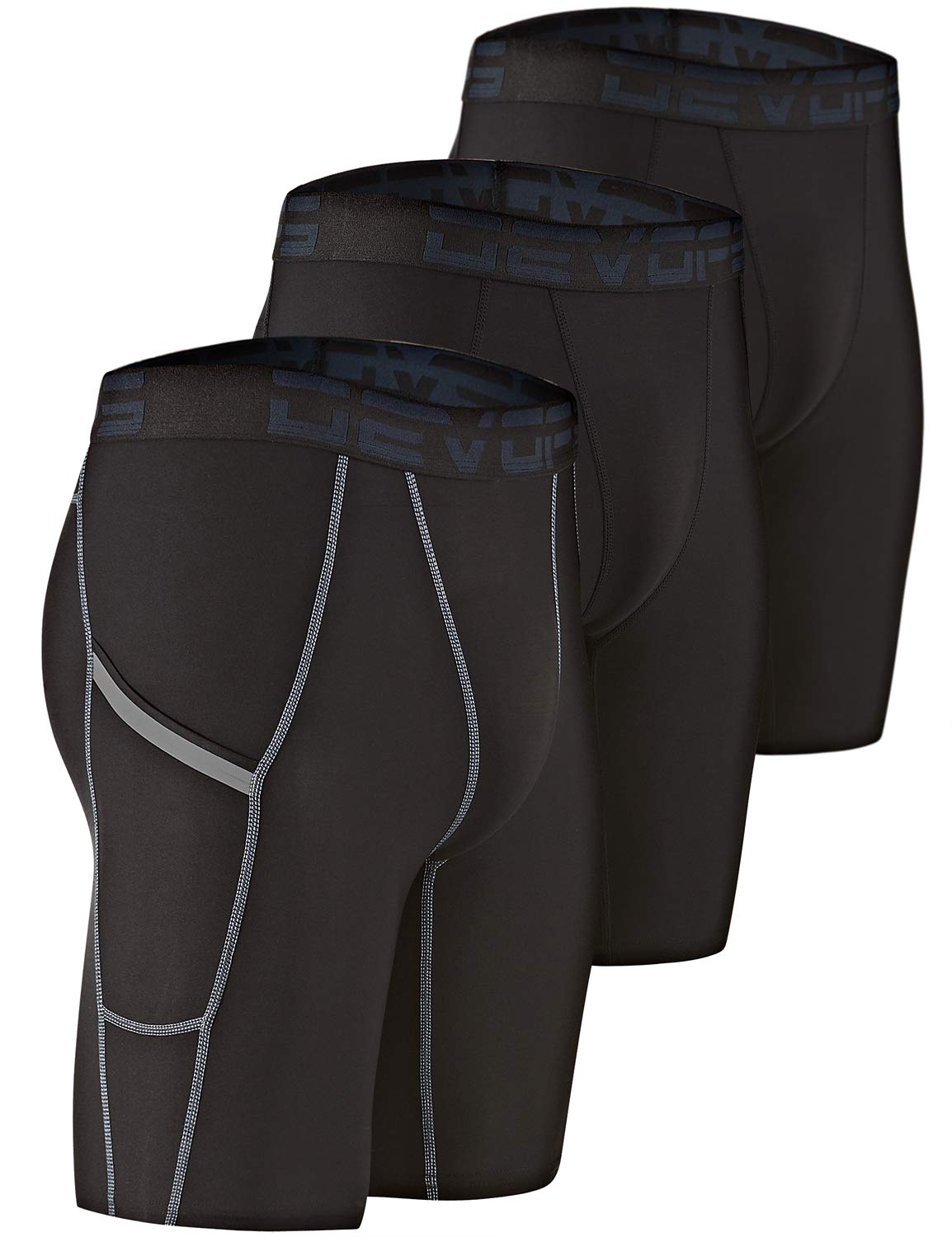 DEVOPS Men's Compression Shorts Underwear with Pocket (3 Pack) (Large, Black/Black/Black)