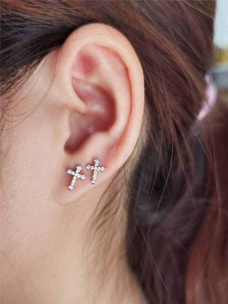 CZ Cross 20g Barbell Ball Stud Sterling Silver Earrings for Women Girls Cubic Zirconia Tiny Small Studs Cartilage Tragus 4mm Bead Screw Back Hypoallergenic Thin Faux Piercing Body (Silver) 1