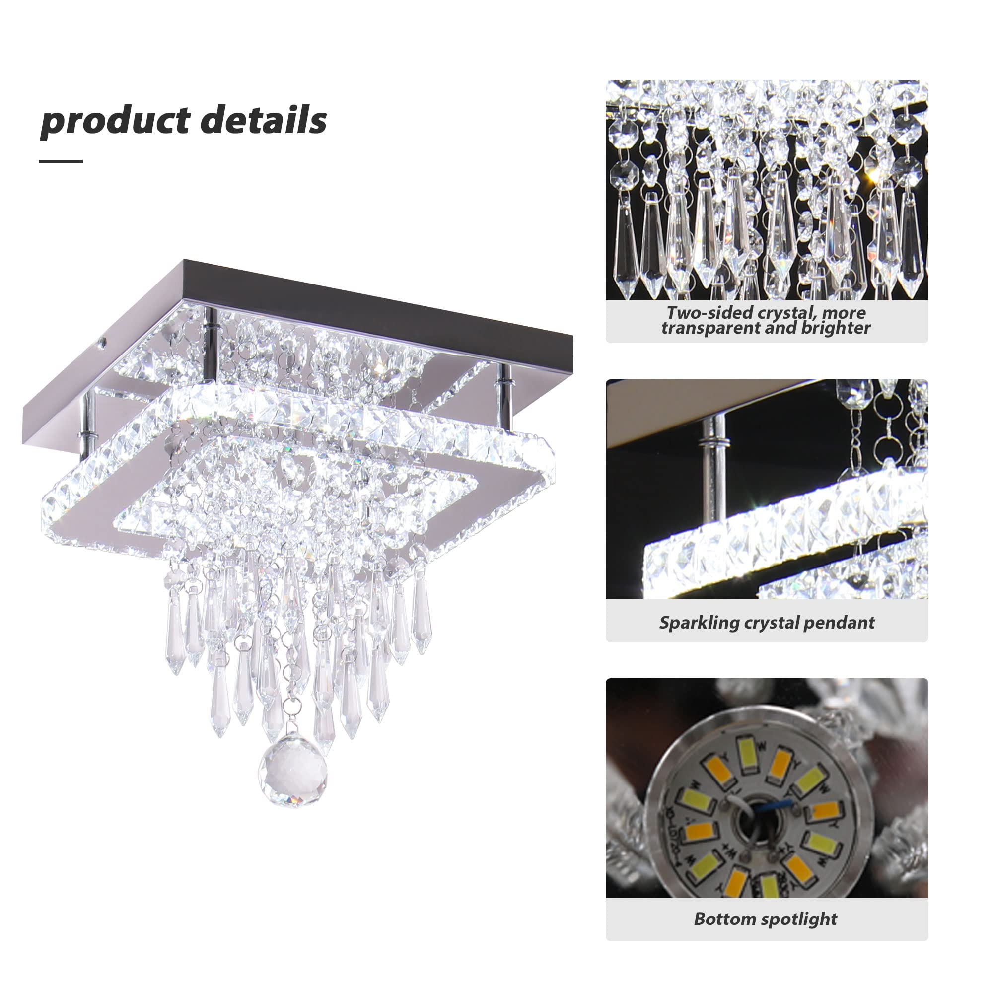 CXGLEAMING Square Crystal Chandelier Modern Crystal Ceiling Light Square LED Chandelier Flush Mount Ceiling Chandeliers for Dining Room Bedroom Hallway Closet (Cool White)