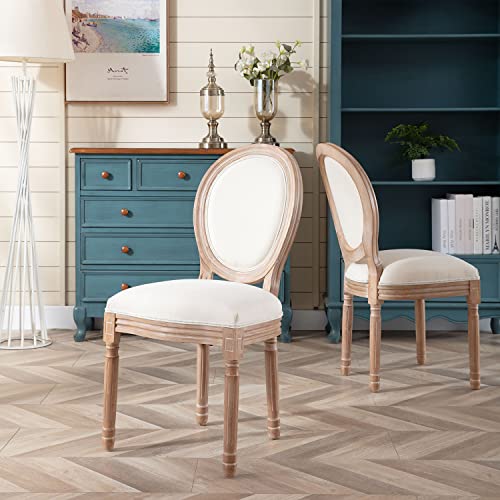 Kiztir French Country Dining Chairs Set of 6, Farmhouse Dining Chairs with Round Backrest, Mid Century Upholstered Dining Chairs with Solid Wood Leg for Dining Room Bedroom Kitchen Restaurant (Beige)
