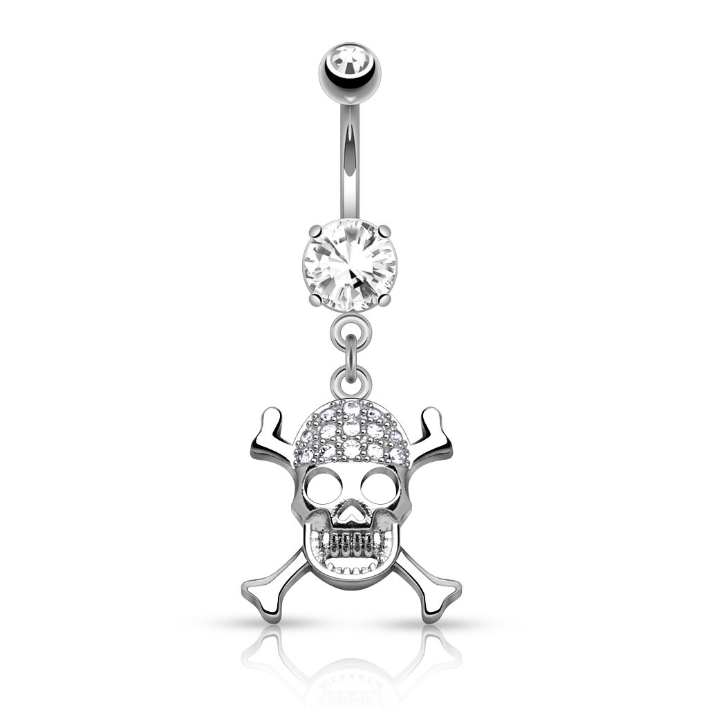 CZ Paved Skull with Cross Bones Dangle 316L Surgical Steel Belly Button WildKlass Navel Rings (Sold by Piece)