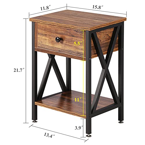 VECELO Set of 2 Nightstands X-Design Side Night Stand Storage Shelf with Bin Living Room Bedroom,Vintage Brown, End Table with Drawer