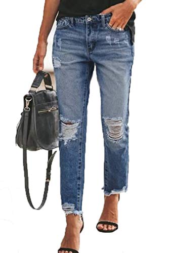 Sidefeel Women's Boyfriend Jeans Loose Stretchy Ripped Distressed Denim Pants Size 8 Sky Blue