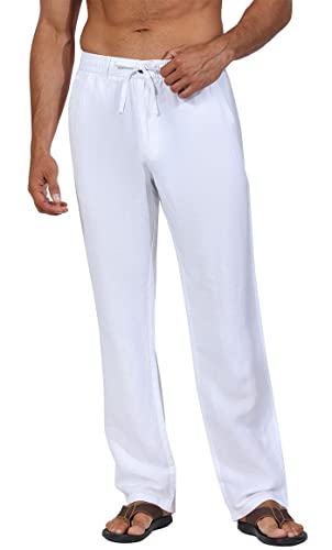 Soojun Men's Linen Beach Pants Lightweight Summer Pants with Drawstring, White, Medium/32 Inseam
