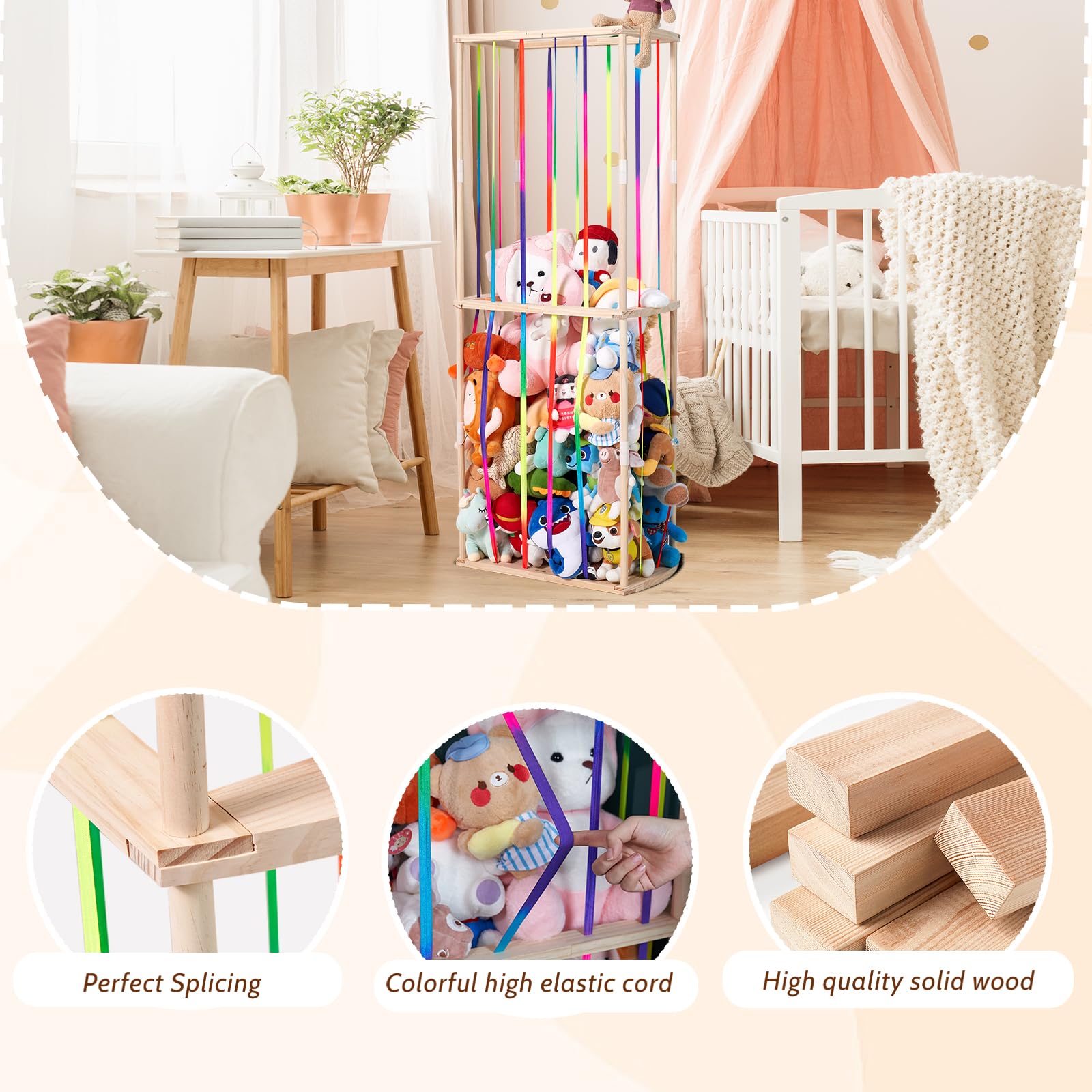 HAHASOLE Stuffed Animal Toy Storage Organizer, 59" Tall Wooden Large Stuffed Animal Holder with Rainbow Elastic Rope and Star String Lights, Zoo Cage for Nursery, Play Room, Bedroom…