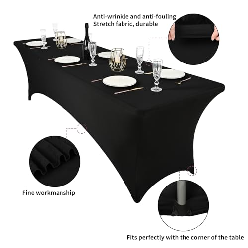Lykoow 4 Packs 8Ft Stretch Spandex Table Cover for Standard Folding Tables - Universal Rectangular Tight Elastic Fitted Tablecloth Protector for Wedding, Banquet and Party (Black)