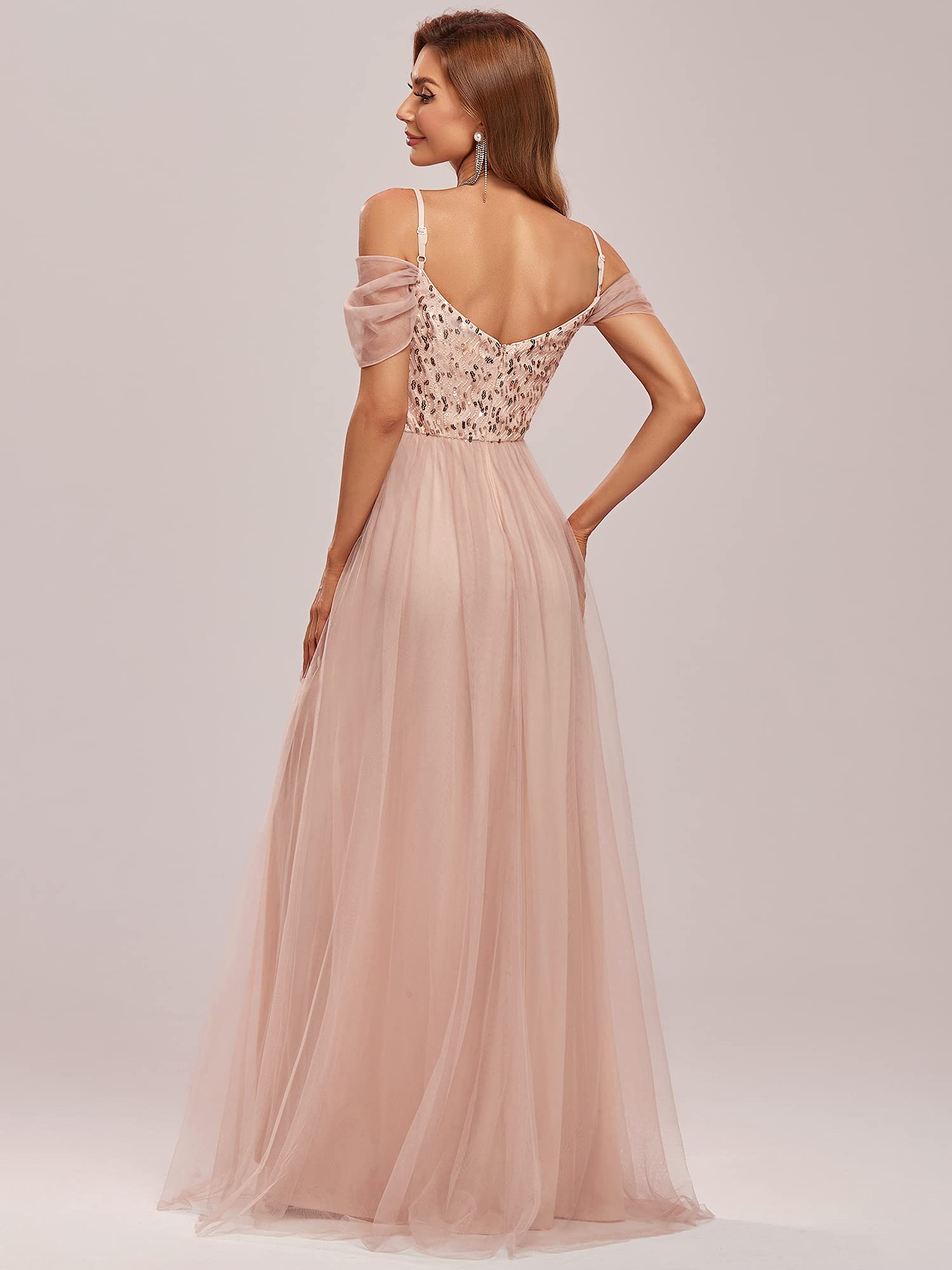 Ever-Pretty Womens Maxi Short Sleeves Straps V Neck A-line Tulle Bridesmaid Dress Rose Gold US14