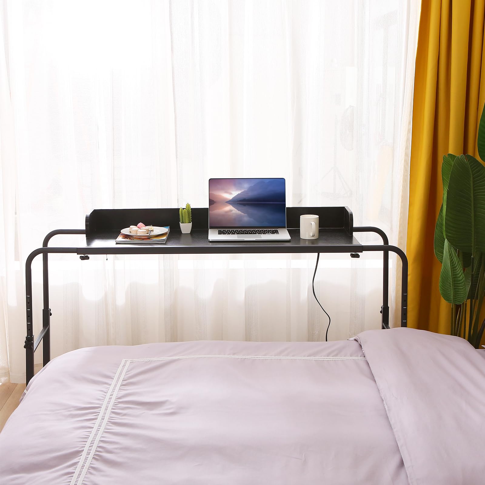 NOVII Overbed Table with Power Outlet,Wheels,Adjustable Height,Mobile Queen Size Bed Table Suitable for Home Office(Black)