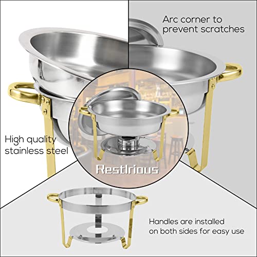Restlrious Chafing Dish Buffet Set Round Stainless Steel 5QT Chafers and Buffet Warmers Sets for Catering, Complete Set with Water Pan, Food Pan, Fuel Holder and Lid in Gold Accents, 3 Pack