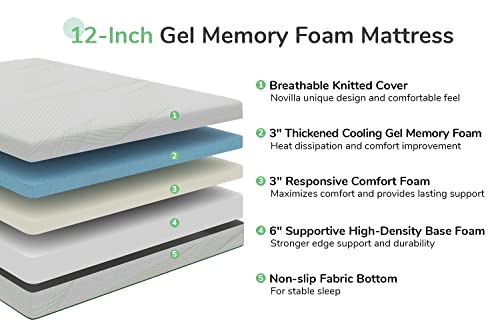 Novilla King Mattress, 12 Inch Gel Memory Foam Mattress Cooling, King Size Mattress in a Box for Back Pain Relief, Medium Firm Mattress with Edge Support & Motion Isolation