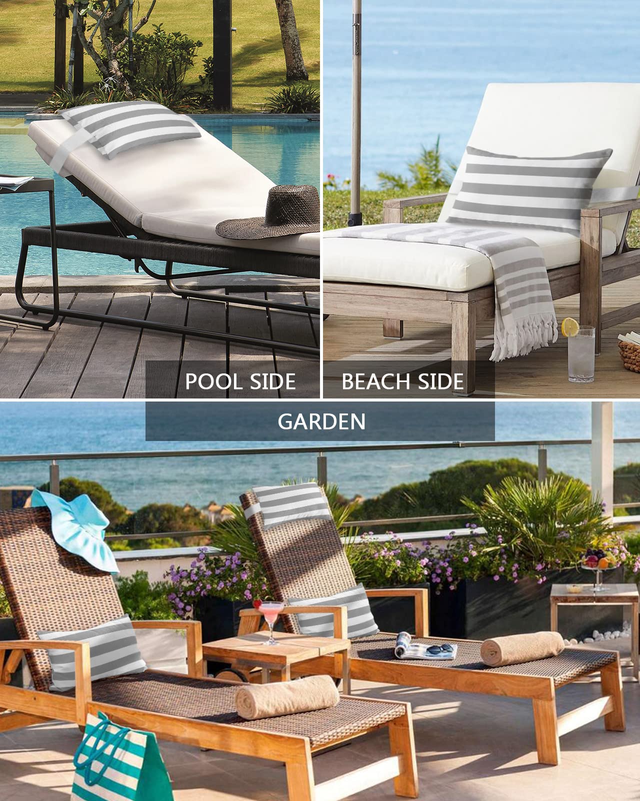 T&H XHome Outdoor Pillow for Chaise Lounge Chair, Gray and White Stripe Waterproof Headrest Pillow Lumbar Pillows with Adjustable Elastic Strap for Beach, Poolside, Patio, Office (2 Pack)