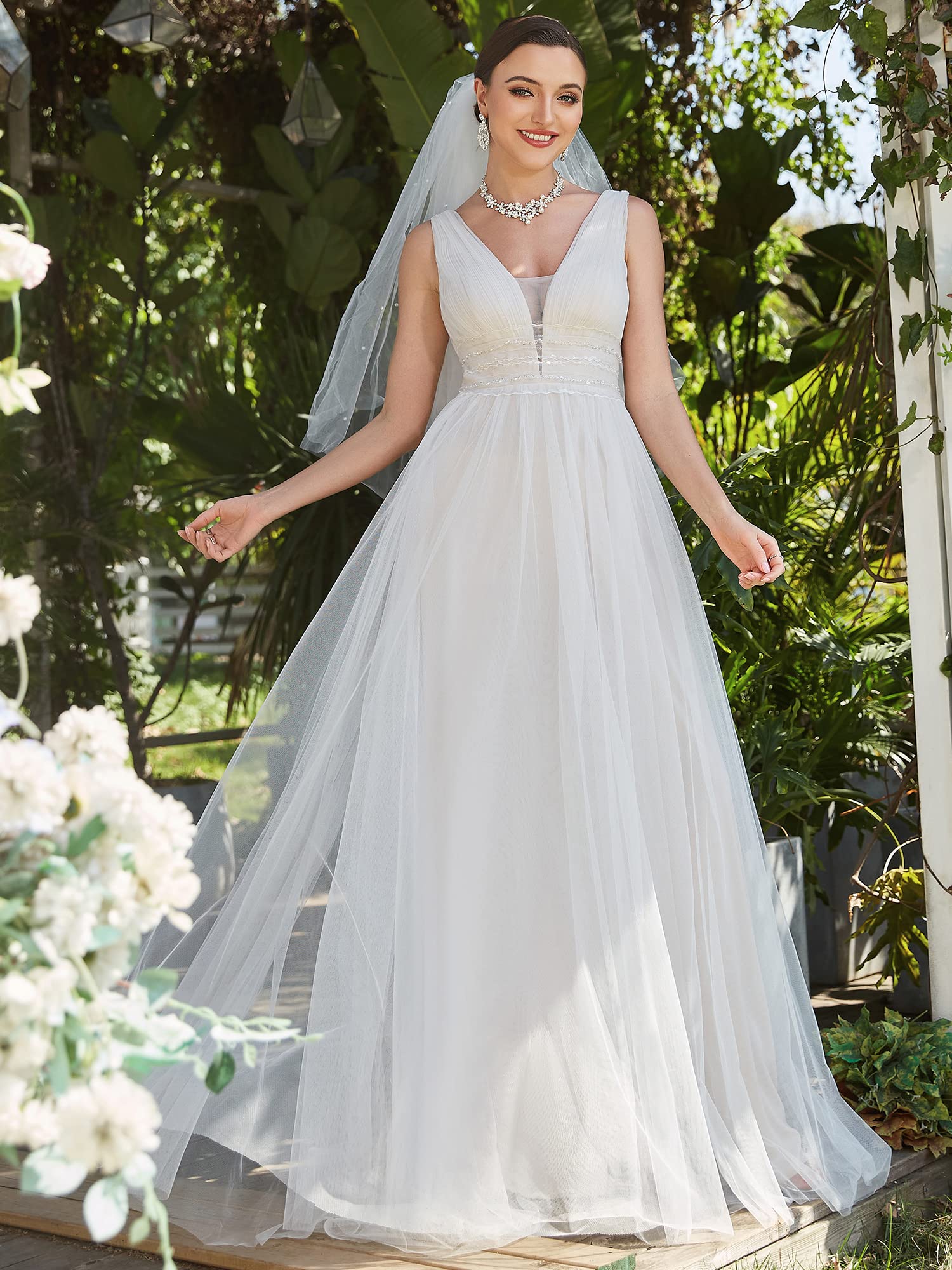 Ever-Pretty Women's Elegant Long Lace Sequin V-Neck Ruched Summer Beach Wedding Gowns for Women White US8