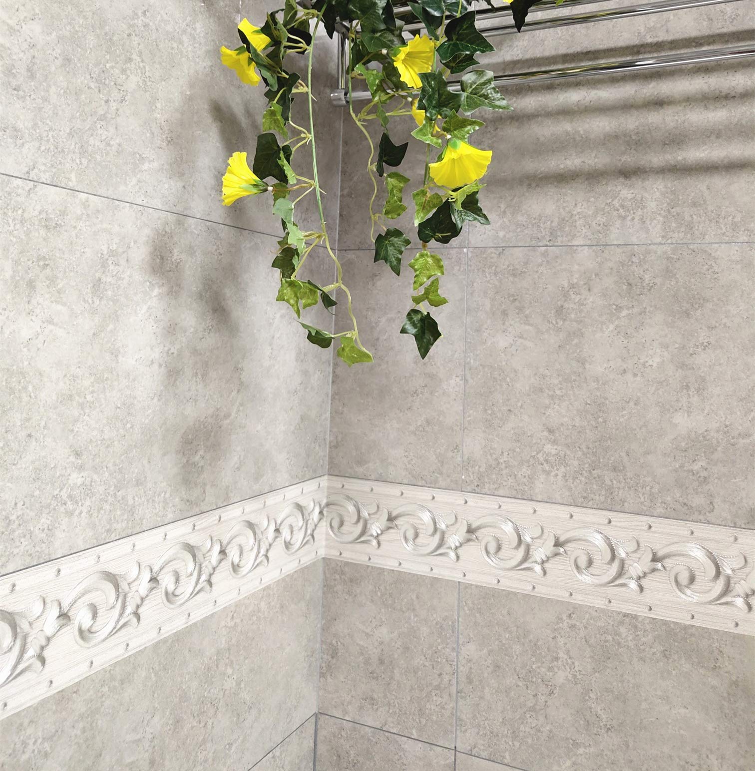 REDODECO Elegant Silver Grey Floral Molding Wallpaper Border Peel Stick Home Ceiling Decorative Border for Bathroom Living Room Kitchen 4inch by 16.4ft