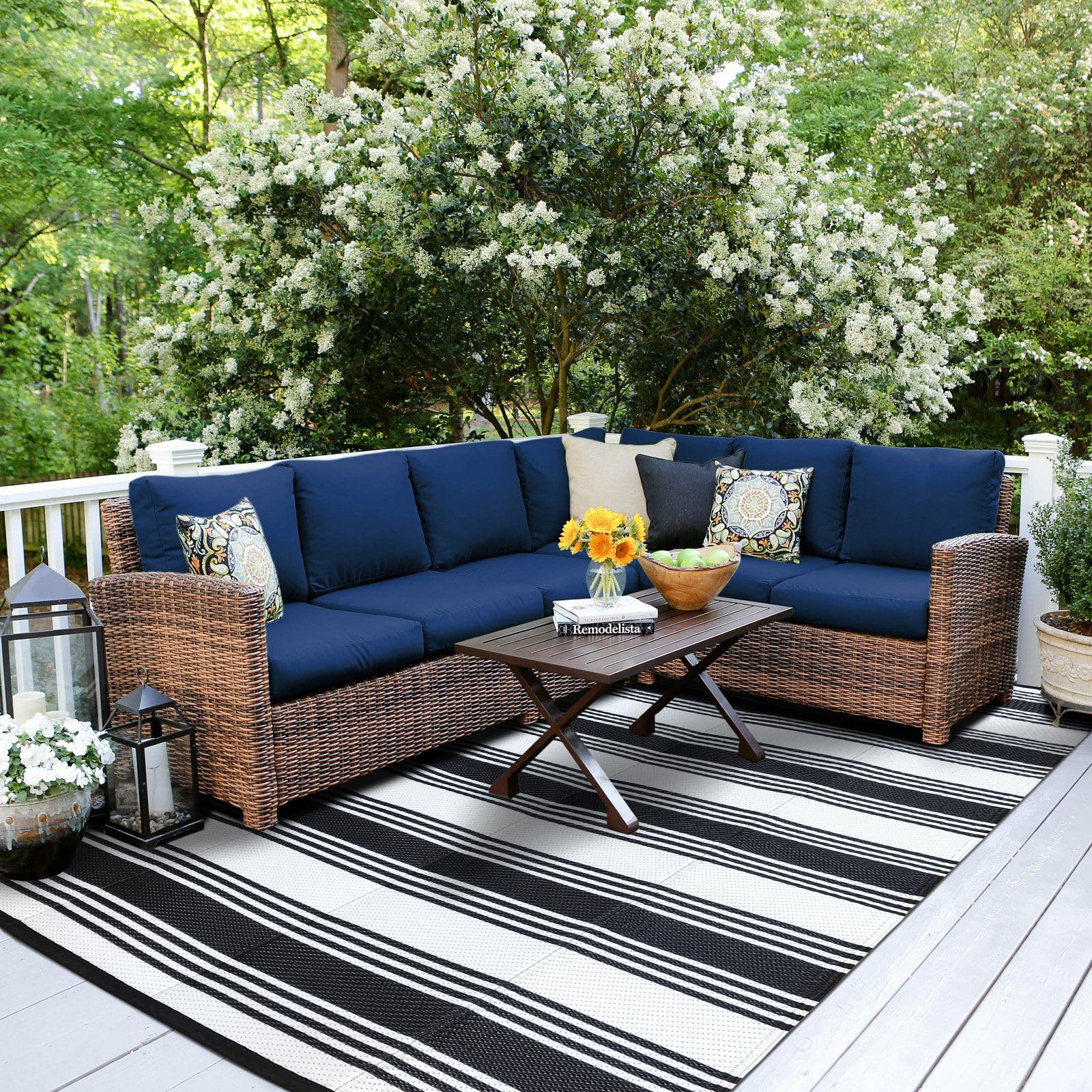 Pcinfuns Plastic Straw Rug,Patio Rugs RV Camping Rug Reversible Mat,6'x9' Reversible Mats Large Floor Mat and Rug for Outdoor,Black & White Thin Stripe