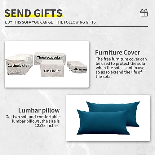 Lviden 6 Pieces Wicker Patio Furniture Sets Outdoor Conversation Set PE Rattan Sectional Sofa Couch with 45" Fire Pit Table and Peacock Blue Cushions