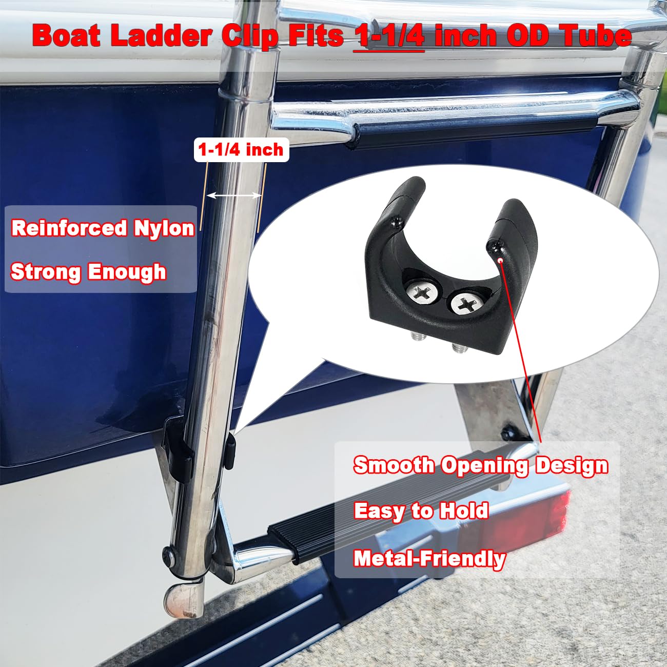 Duthyvea 4Pc Nylon Holder Clips for Boat Ladder Stowing, Hook or Kayak Paddle Pole Storage | 1-1/4" Dia Tube | Quick & Easy Mounting | Black w/Mounting Hardware
