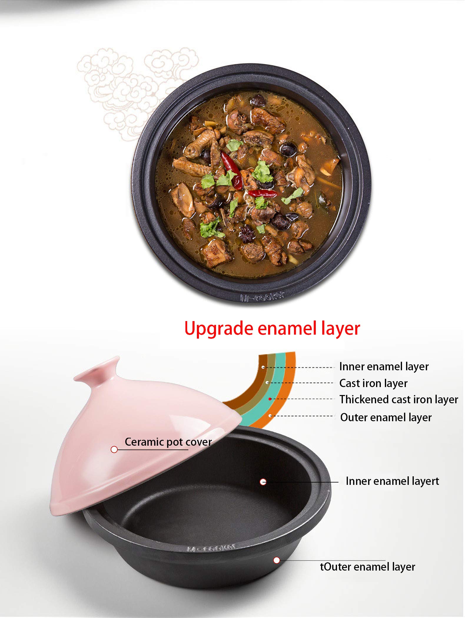 Enameled Cast Iron Tagine Moroccan with Silicone Gloves 2.7 Quart with Enamel Lid Pot Slow Cooker Tagine Pot Non-Stick Pot Without Lead Cooking Healthy Food (Green)