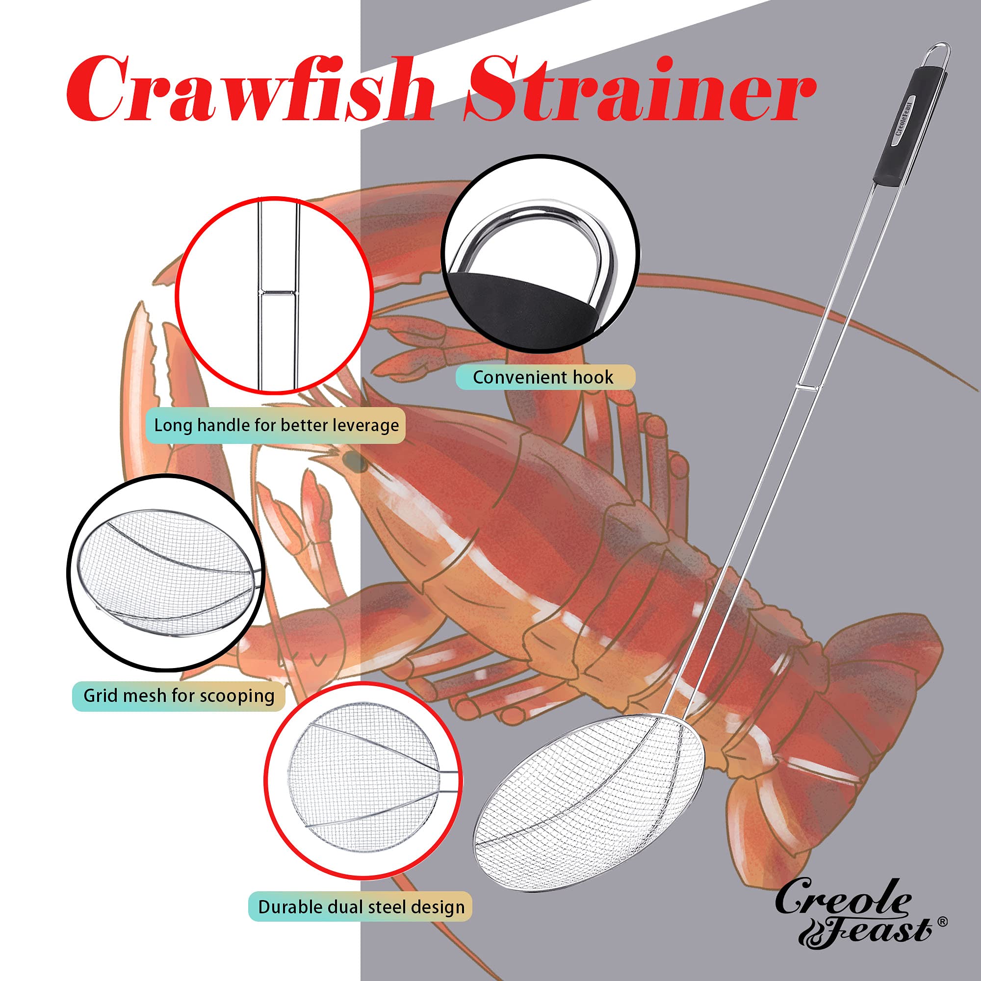 Creole Feast SKM3602 36-Inch Stainless Steel Skimmer with 8" Bowl, Wire Strainer and Mesh Scoop, Crawfish Long Ladle Accessories for Large Batch Outdoor Cooking