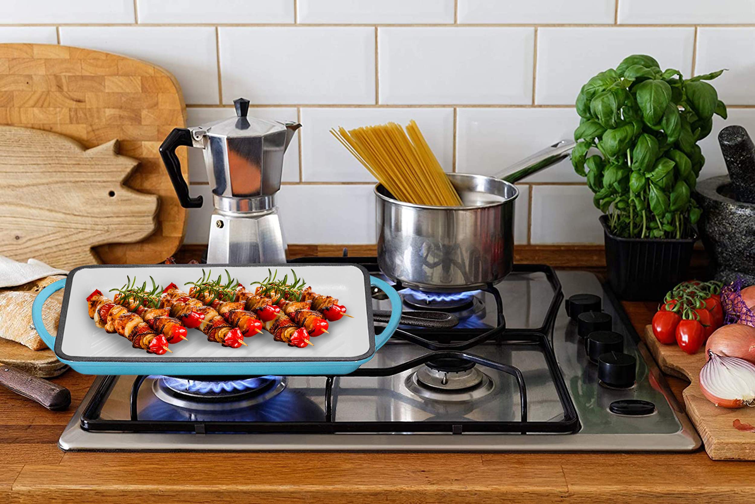 Enameled Cast-Iron Rectangular Grill Pan with Ridges, Oven Safe, Non-Stick Coating, Loop Handles, 9.5" x 13.5", Enameled Blue