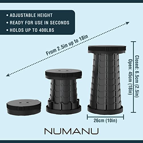 NUMANU New-Gen Collapsible Stool 2-Pack w/Carabiner Clips - Lightweight, Sturdy, Portable, Adjustable Telescoping Compact Folding Chair or Foot Rest for Travel, BBQ, Camping, Queue - Max 400lbs
