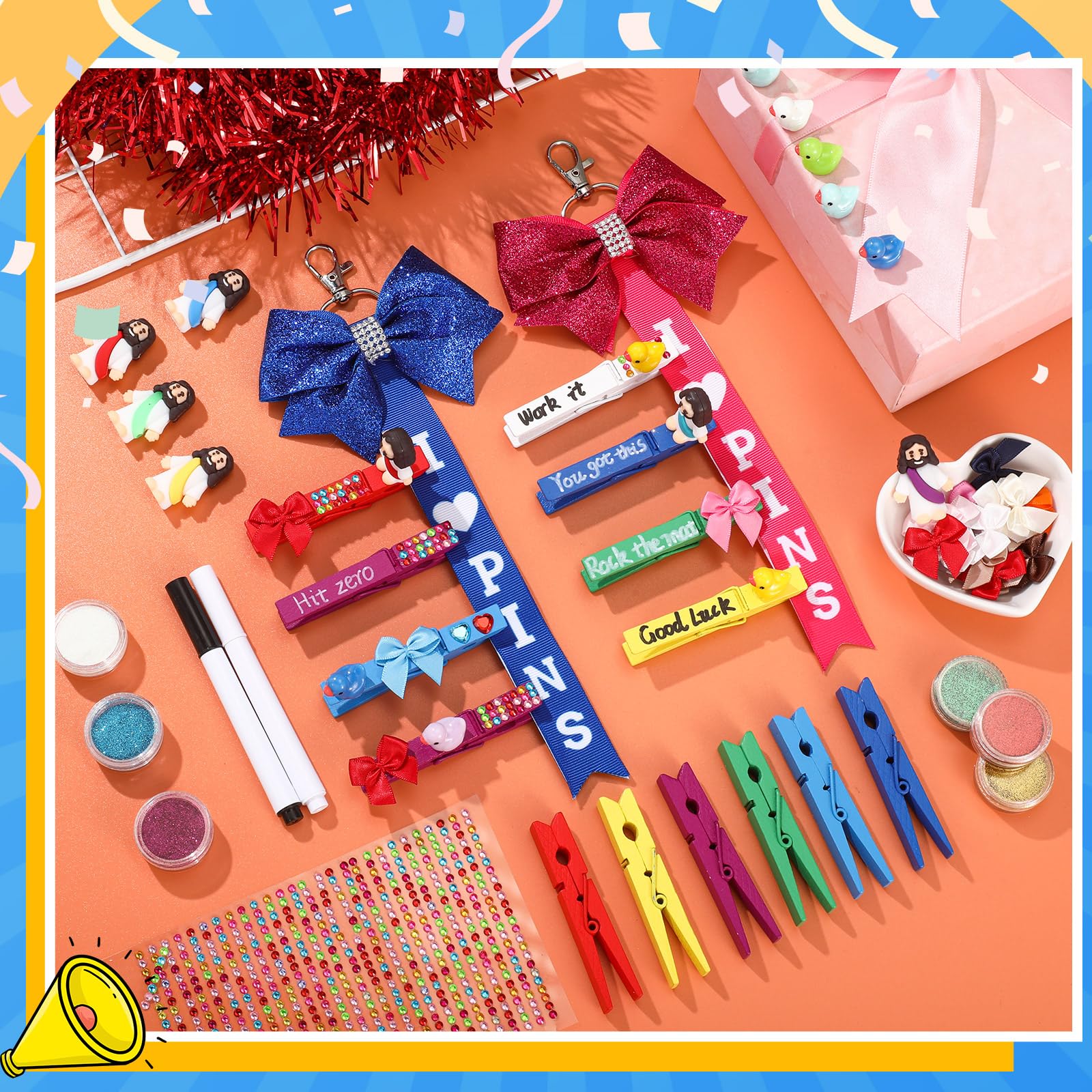 Halloscume 70 Pcs Cheer Pins Decorations Include 20 Cheer Pins, 10 Jesus Ornaments, 10 Mini Ducks, 20 Mini Bows, 6 Sequin Pearl Powder, 1 Rhinestone Stickers, 2 Water Based Pen, 1 Glue, Cheer Gifts