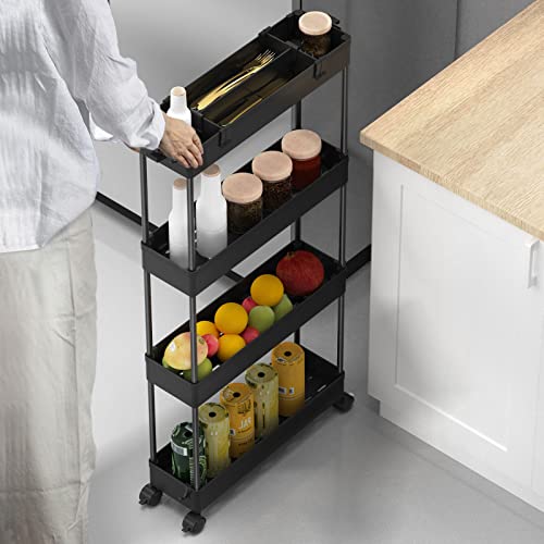 SPACELEAD Slim Storage Cart 4 Tier, Storage Organizer Rolling Utility/ Mobile Shelving Unit Slide Out Storage Cart for Office, Bathroom, Kitchen, Laundry Room & Narrow Places, Black