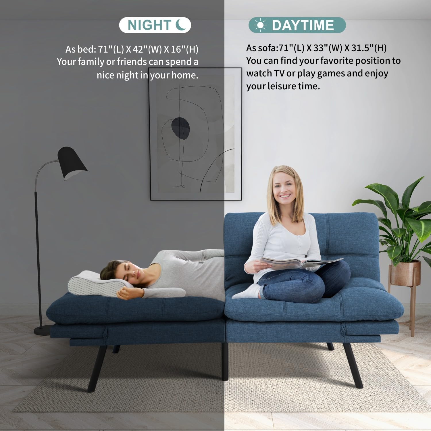 MUUEGM Futon Bed,Convertible Memory Foam Sofa Bed, Modern Love Seat for Living Room,Compact Space,Apartment,Office,Adjustable Backrests Armrests Couch Sleeper,71" Sofas,Brown Futon Bed