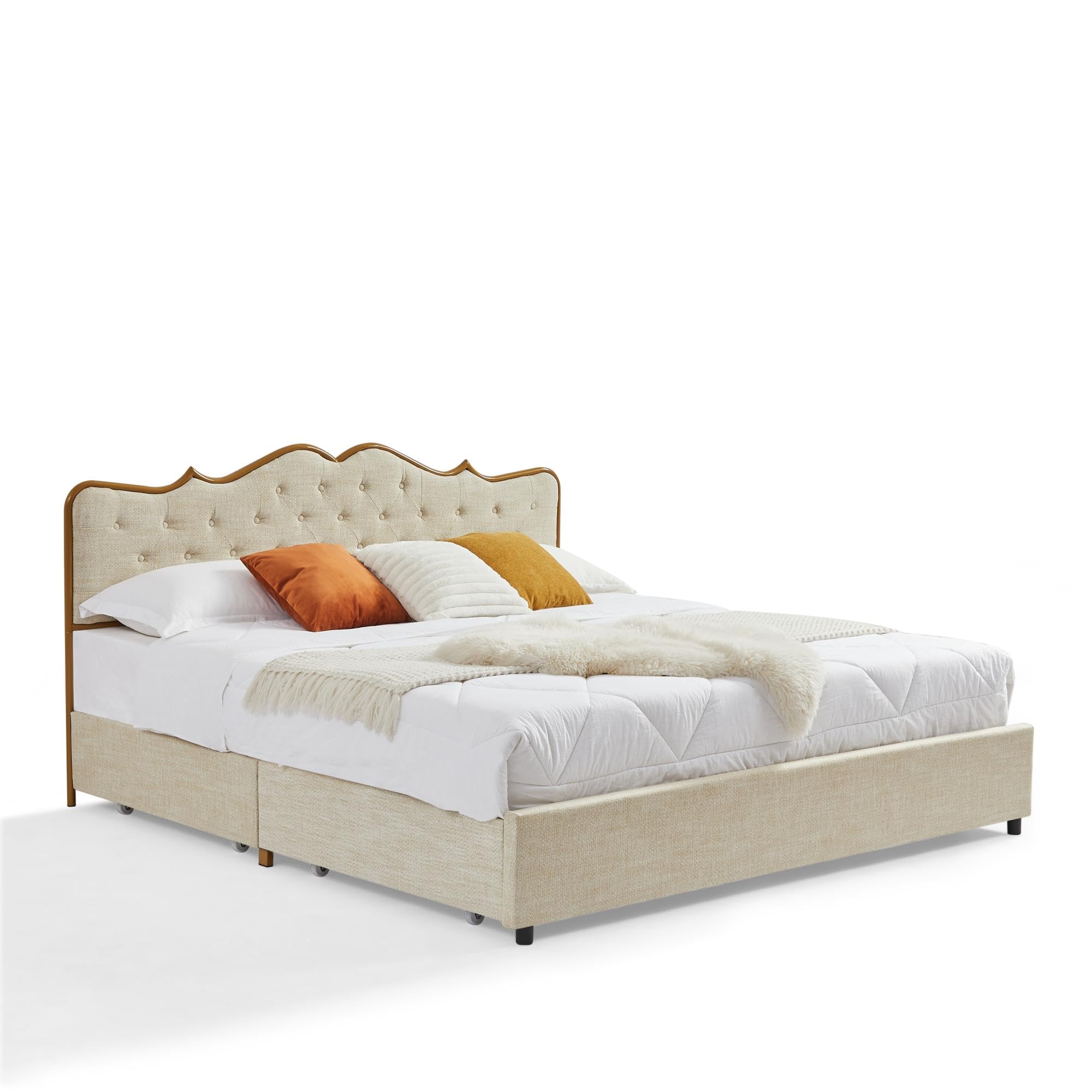 Dolonm King Size Classic Buckle Backrest Platform Bed Frame with Four Storage Drawers Metal Frames Bed Foundation with Wooden Slats Support, Beige + Yellow Leather Sponge Soft Bag Beds