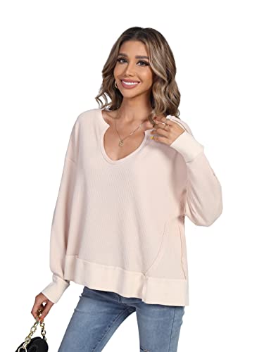 LYANER Women's V Neck Waffle Knit Long Sleeve Loose Pullover Sweatshirt Sweater Top Beige Medium