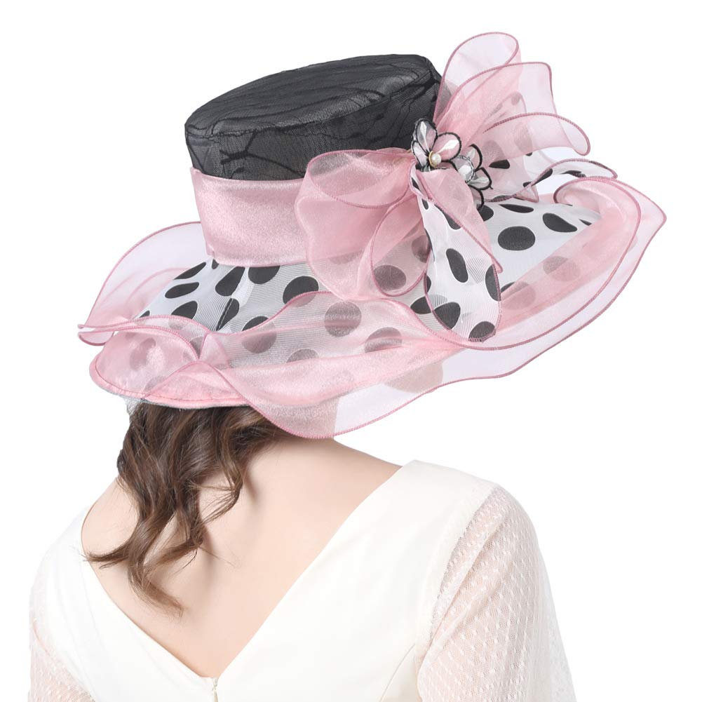 Go Mai Women's Church Derby Tea Party Wedding Hat Polka Dot Organza Hats Black