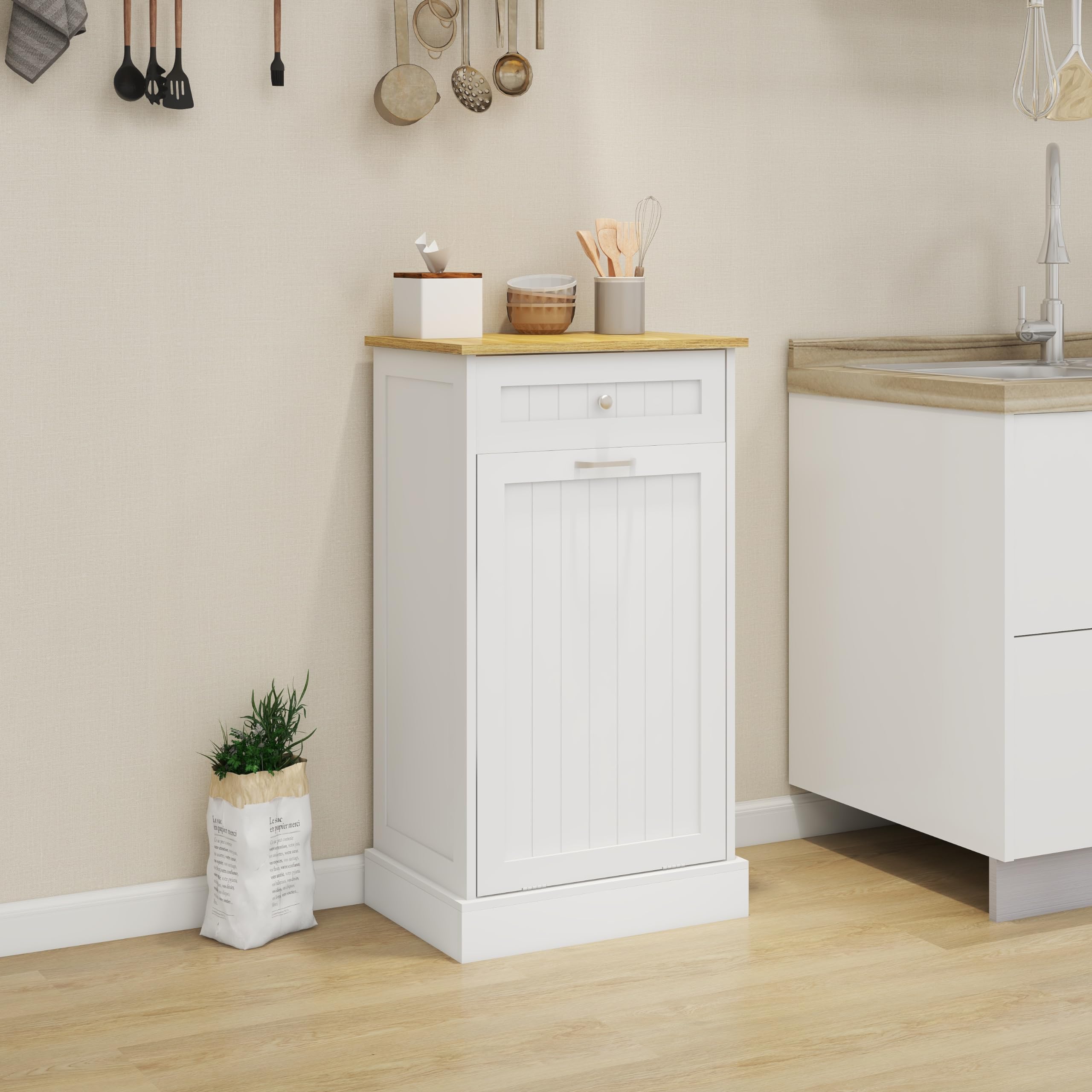 MiHunnor Wooden Simple style Kitchen Trash Cabinet, Wooden Frame with Drawers and Tilt-Out Trash Cabinet for 10 Gallon Trash Cans 19.69'' W x 13.78'' D x 35.43'' H (White-021)