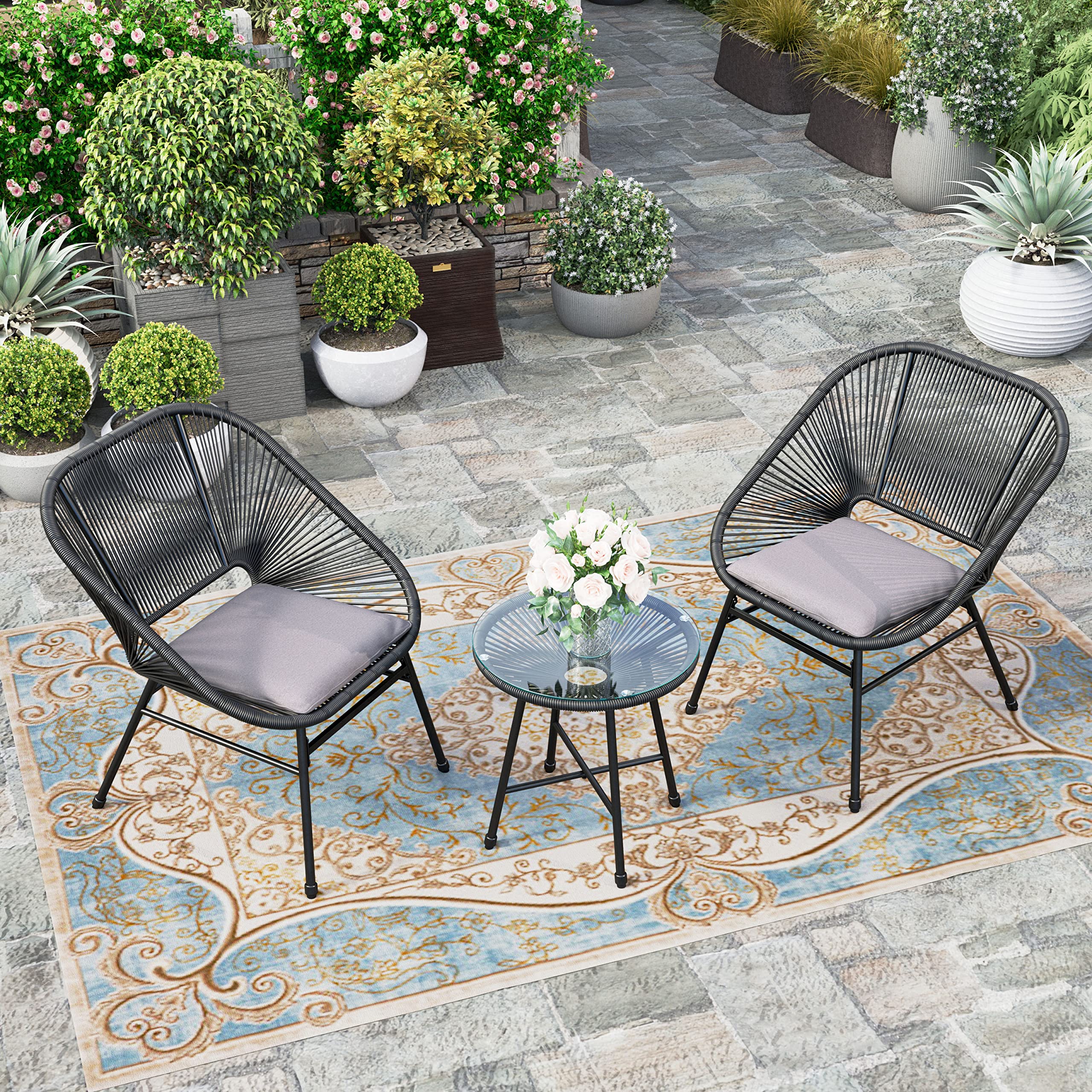 HERA'S HOUSE 3-Piece Patio Furniture Bistro Set, Outdoor Wicker Conversation Set w/ 2 Handwoven Cushioned Chairs, Side Coffee Table for Backyard Lawn Porch Poolside Balcony