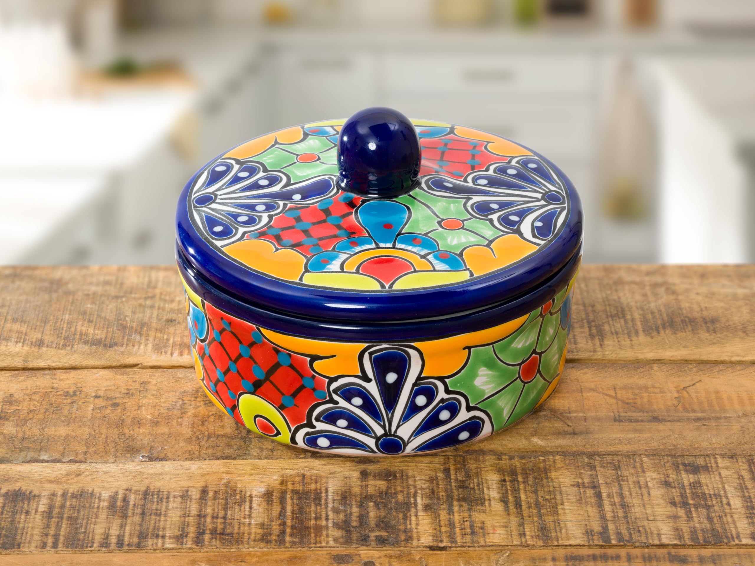 Enchanted Talavera Traditional Authentic Mexican Hand Painted Talavera Ceramic Tortilla Warmer Bowl With Lid Colorful Spanish Mexican Serveware Roti Pancakes Party Serving, Turquoise