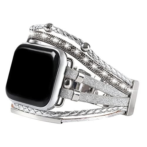 WONMILLE Posh Leather Bands Compatible With Apple Watch 41mm 40mm 38mm Women, Boho Bracelets Jewelry Multilayer Wrap Strap for iwatch Series SE 8 7 6 5 4 3 2 1 (Glitter Silver, 38mm/40mm/41mm)