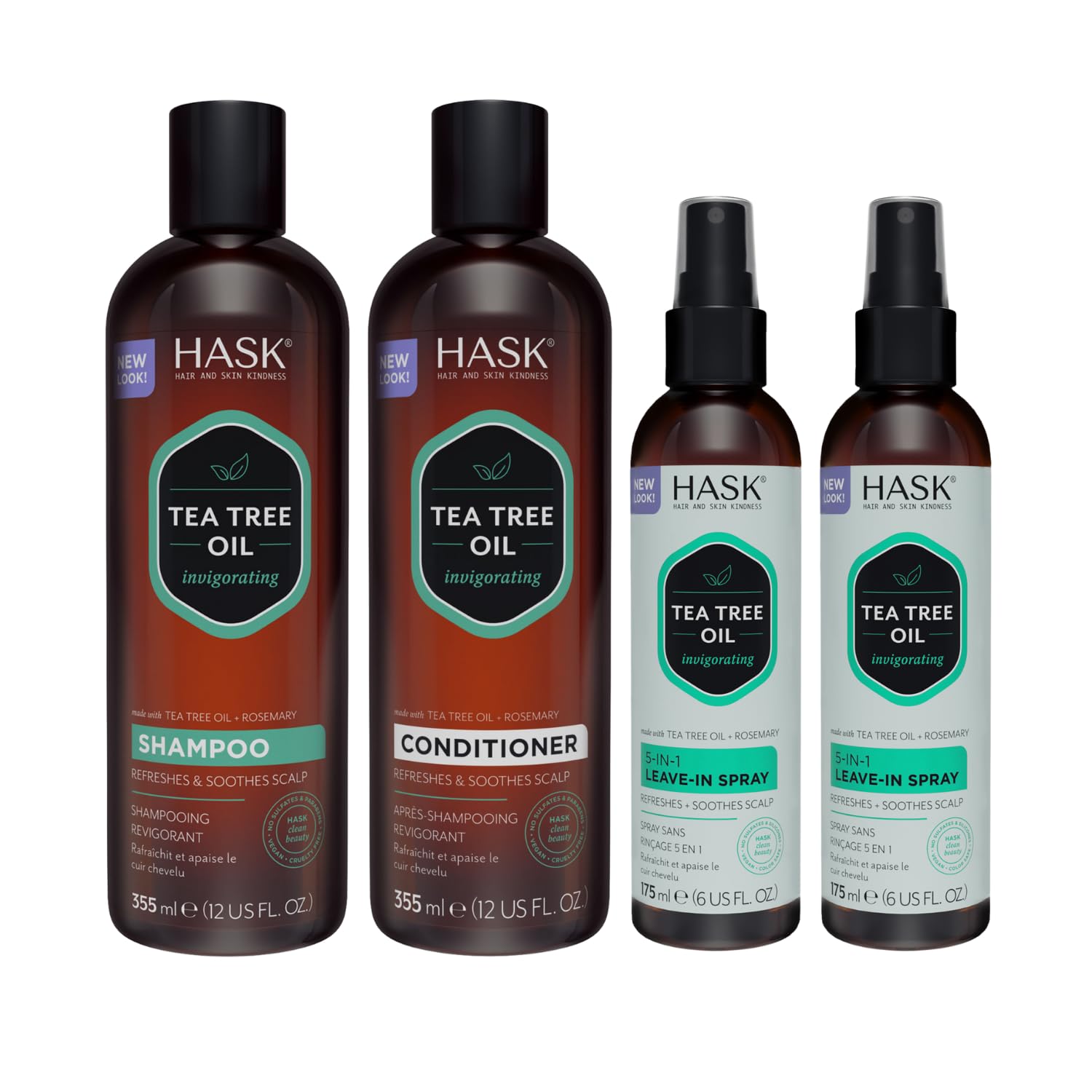 HASK Tea Tree Back to School Pack: Tea Tree Oil & Rosemary Shampoo and Conditioners and a 2-pack of 5-in-1 Leave In Conditioner Sprays