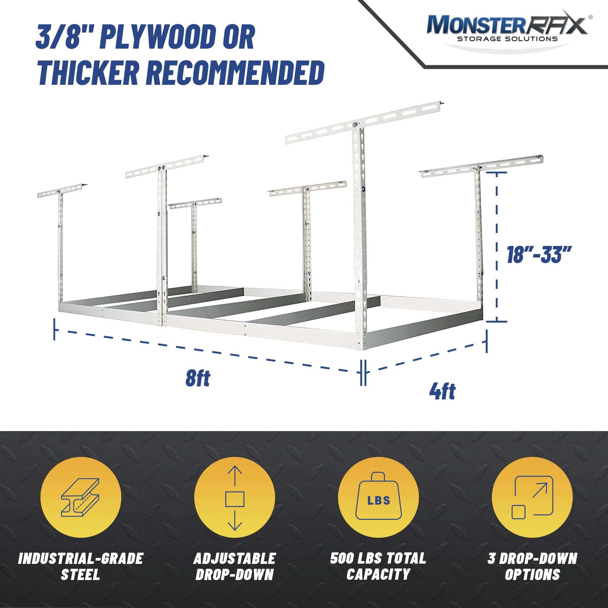 MonsterRax 4x8 Overhead Garage Storage Rack Frame Kit - Hanging Storage Shelves, Garage Ceiling Storage Rack System, Overhead Garage Organizers And Storage, Ceiling Shelving - (White, 18"-33")