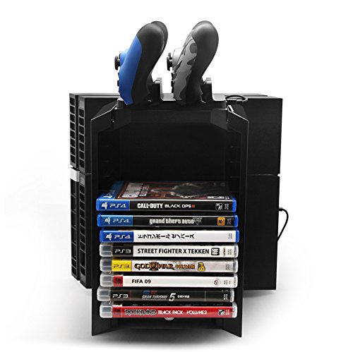 TNP Stand + Controller Charger + Game Storage Organizer - Vertical Dock Charge Charging Station for DualShock Controller, Bluray Game Case Storage Holder Tower 4-in-1 Accessories [Playstation 4]