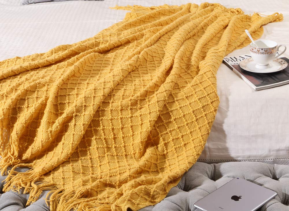 CREVENT Knitted Decorative Throw Blanket for Couch Sofa Chair Bed,Soft Warm Cozy Light Weight for Spring Summer (50''X60'' Mustard Yellow)